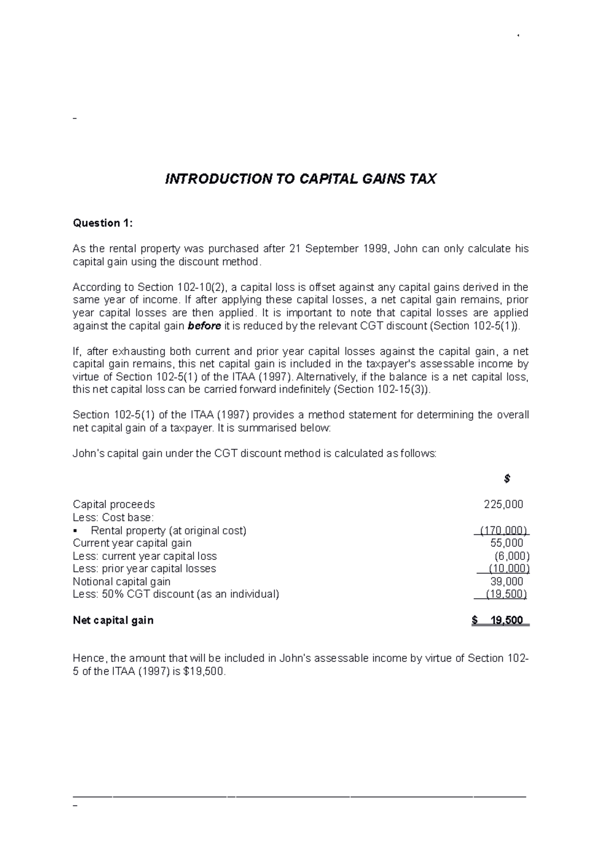 Week 6 Answers - notes - INTRODUCTION TO CAPITAL GAINS TAX Question 1 ...