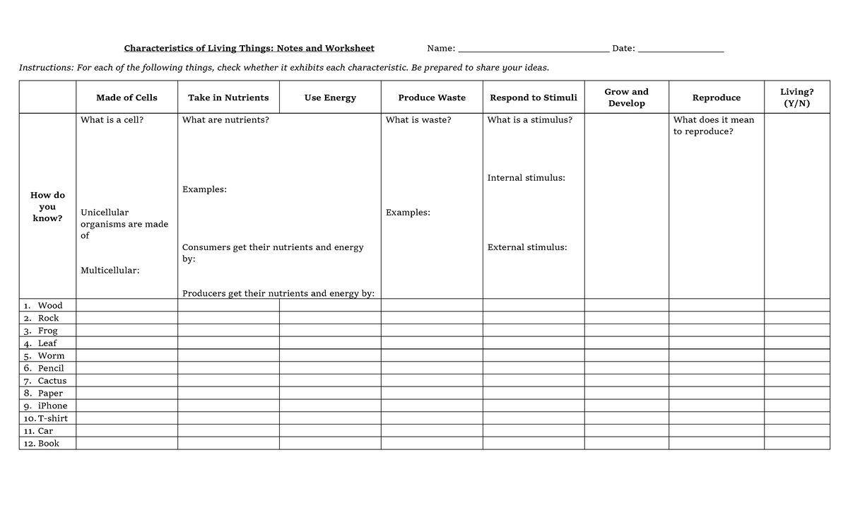 Characteristics of living things table organizer - Characteristics of ...