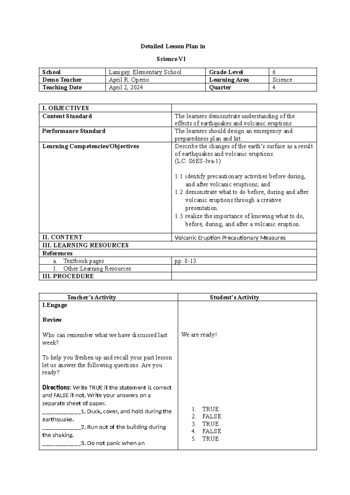 4 - Volcanic Eruption Precautionary - Detailed Lesson Plan in Science ...