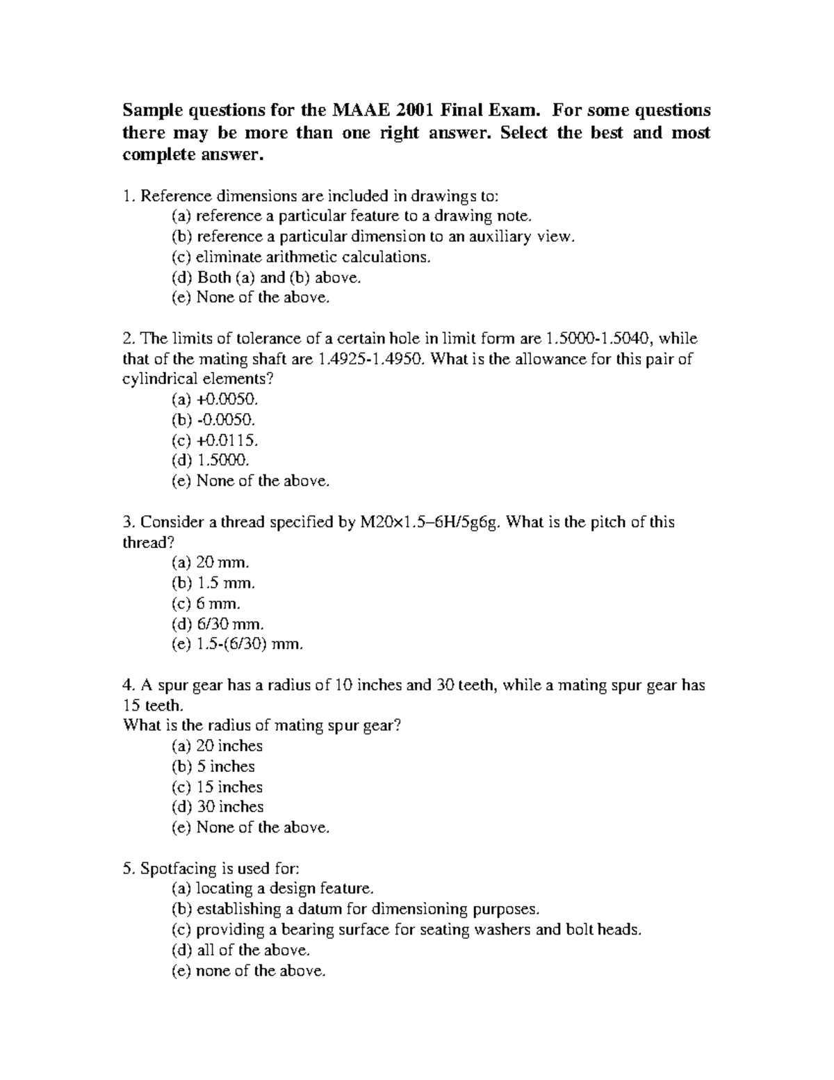 Final Exam, questions - Sample questions for the MAAE 2001 Final Exam ...