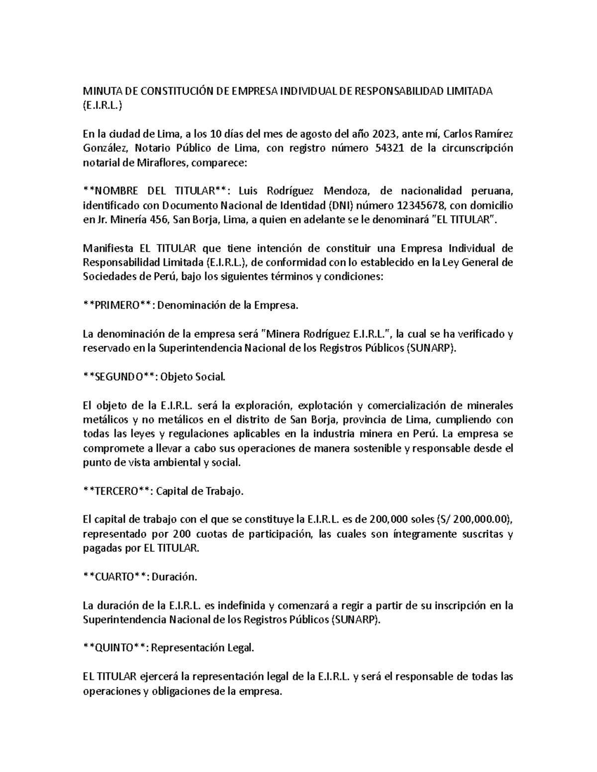 Minuta DE ConstitucióN DE Empresa Individual DE Responsabilidad Limitada - MINUTA DE ...