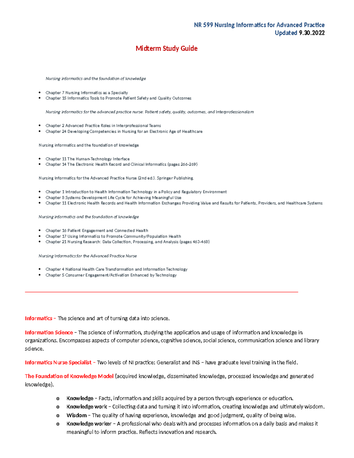 NR599 Wk 4 Midterm Study Guide - Updated 9. Midterm Study Guide Nursing informatics and the ...