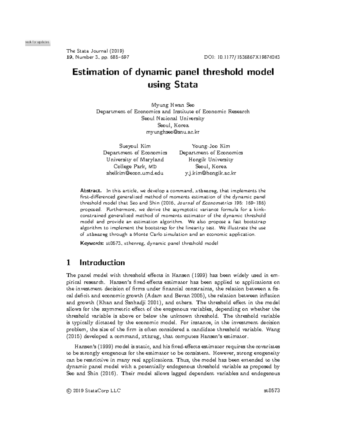 Seo et al 2019 estimation of dynamic panel threshold model using stata - The Stata Journal (2019 ...