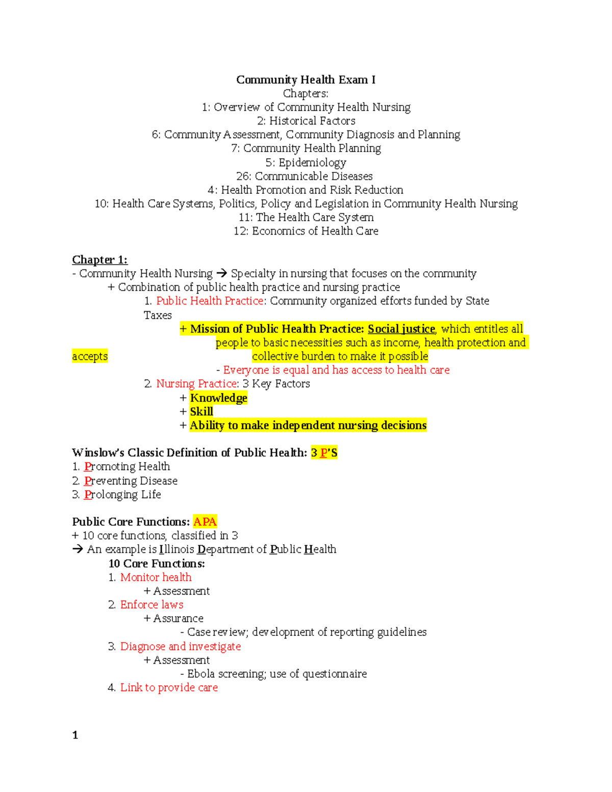 Community Health Exam I - Community Health Exam I Chapters: 1: Overview ...