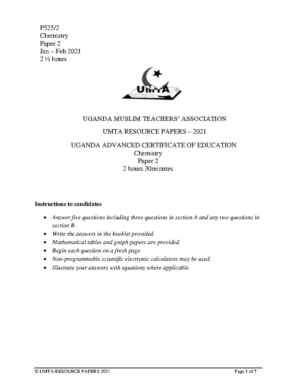 A level Chemistry 2 mocks UMTA - UGANDA MUSLIM TEACHERS’ ASSOCIATION UMTA RESOURCE PAPERS – 2021 ...
