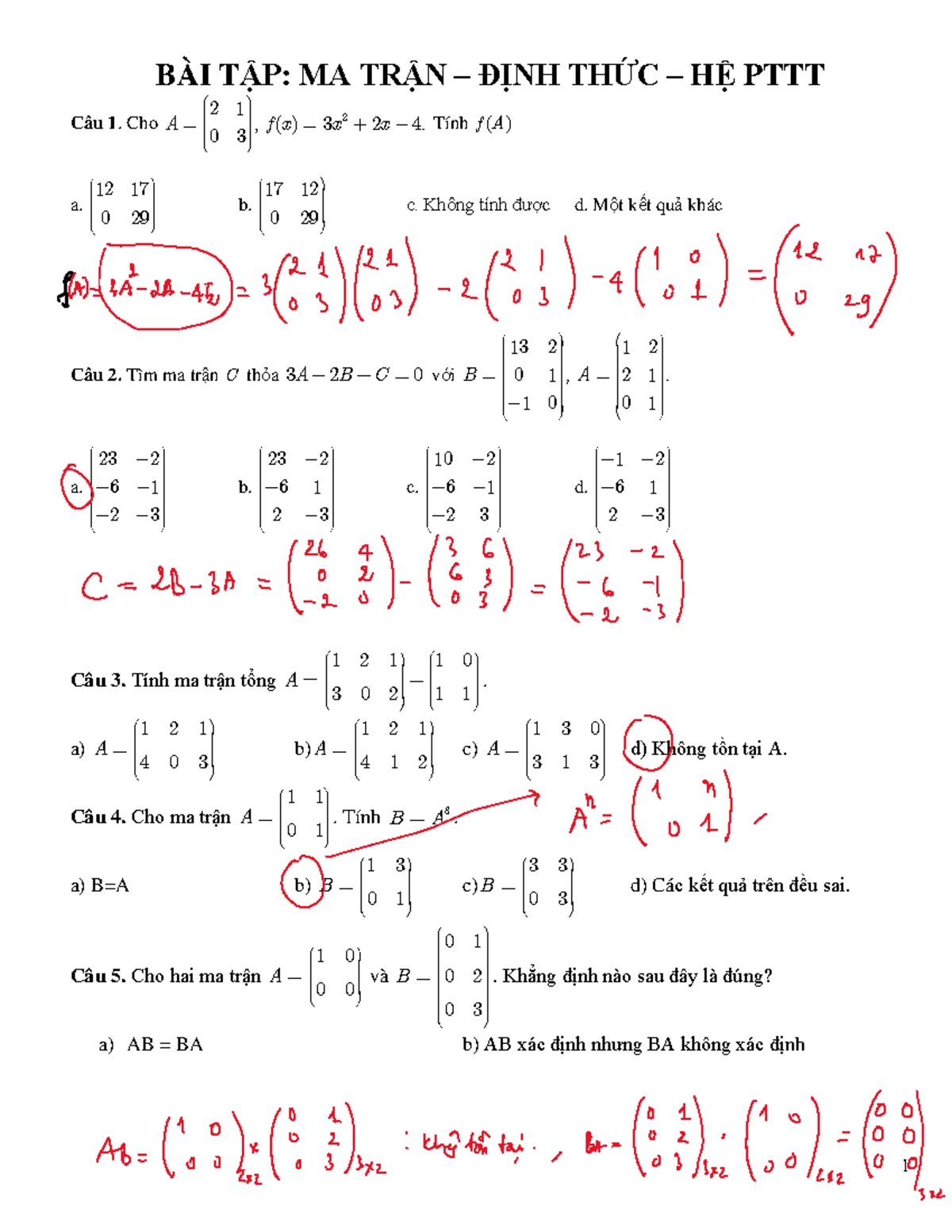Bai tap c1+2. dapan - tai lieu - BÀI TẬP: MA TRẬN – ĐỊNH THỨC – HỆ PTTT Câu 1. Cho 2 2 1 , ( ) 3 ...