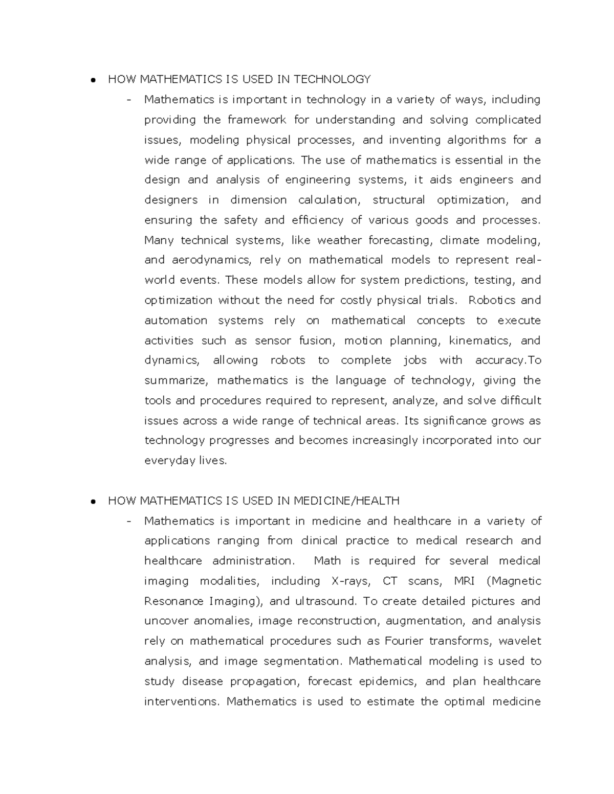HOW MATHEMATICS IS USED IN TECHNOLOGY AND MEDICINE_HEALTH.docx - HOW ...