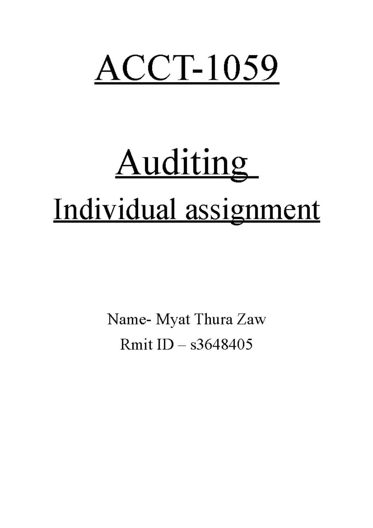 Sample Assignment 2 - ACCT- Auditing Individual assignment Name- Myat ...