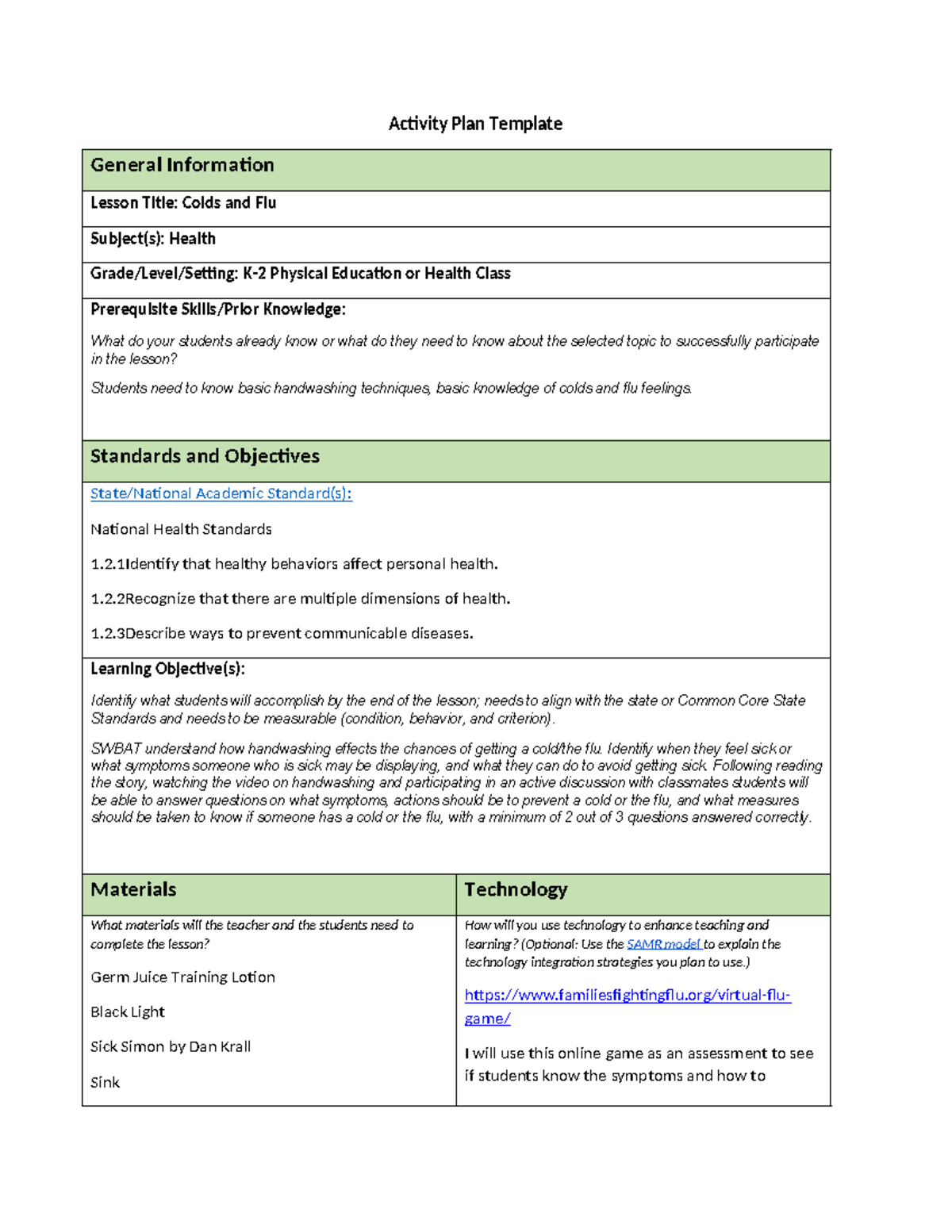 Health Plan Revised - Activity Plan Template General Information Lesson ...