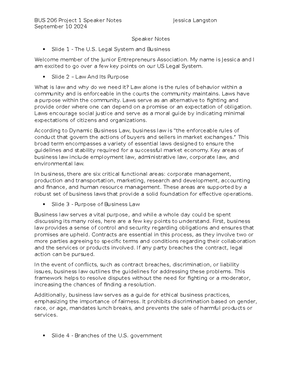 BUS 206 Project 1 speaker notes - September 10 2024 Speaker Notes Slide ...