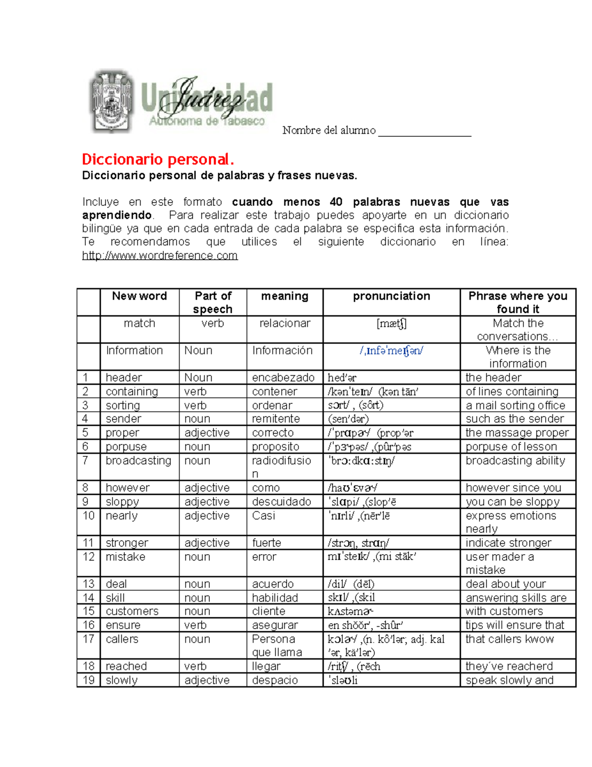 Actividad 21 - Nombre del alumno ________________ Diccionario personal ...