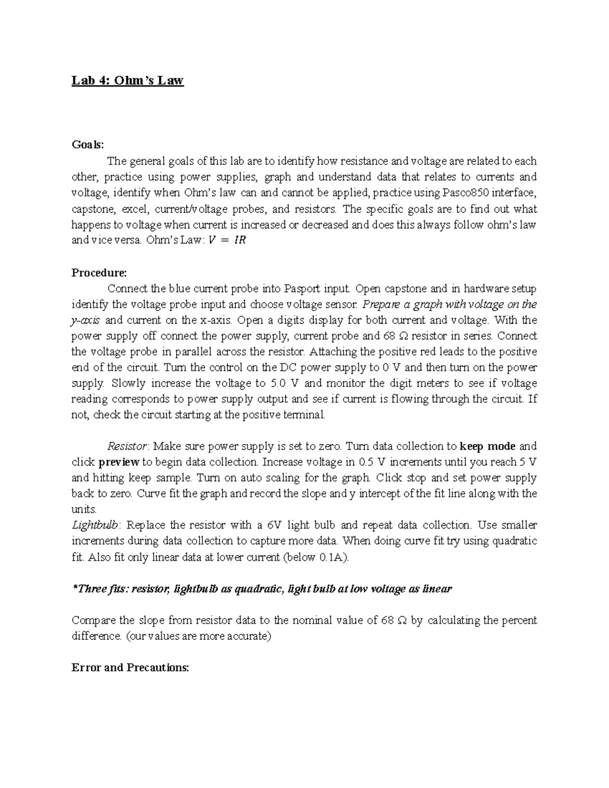 Lab 4 Ohm's Law - Lab 4: Ohm’s Law Goals: The general goals of this lab ...