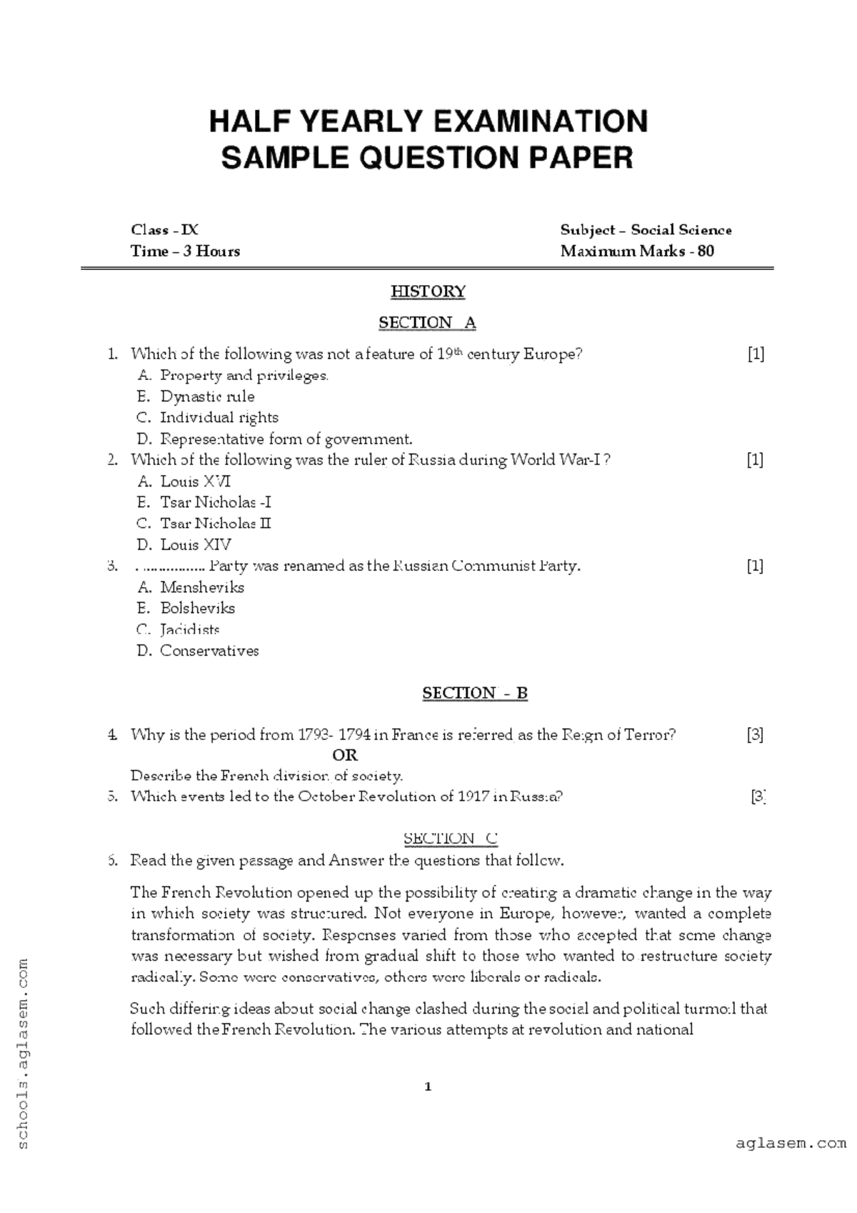 SST Sample Class 9 HY - HALF YEARLY EXAMINATION SAMPLE QUESTION PAPER ...