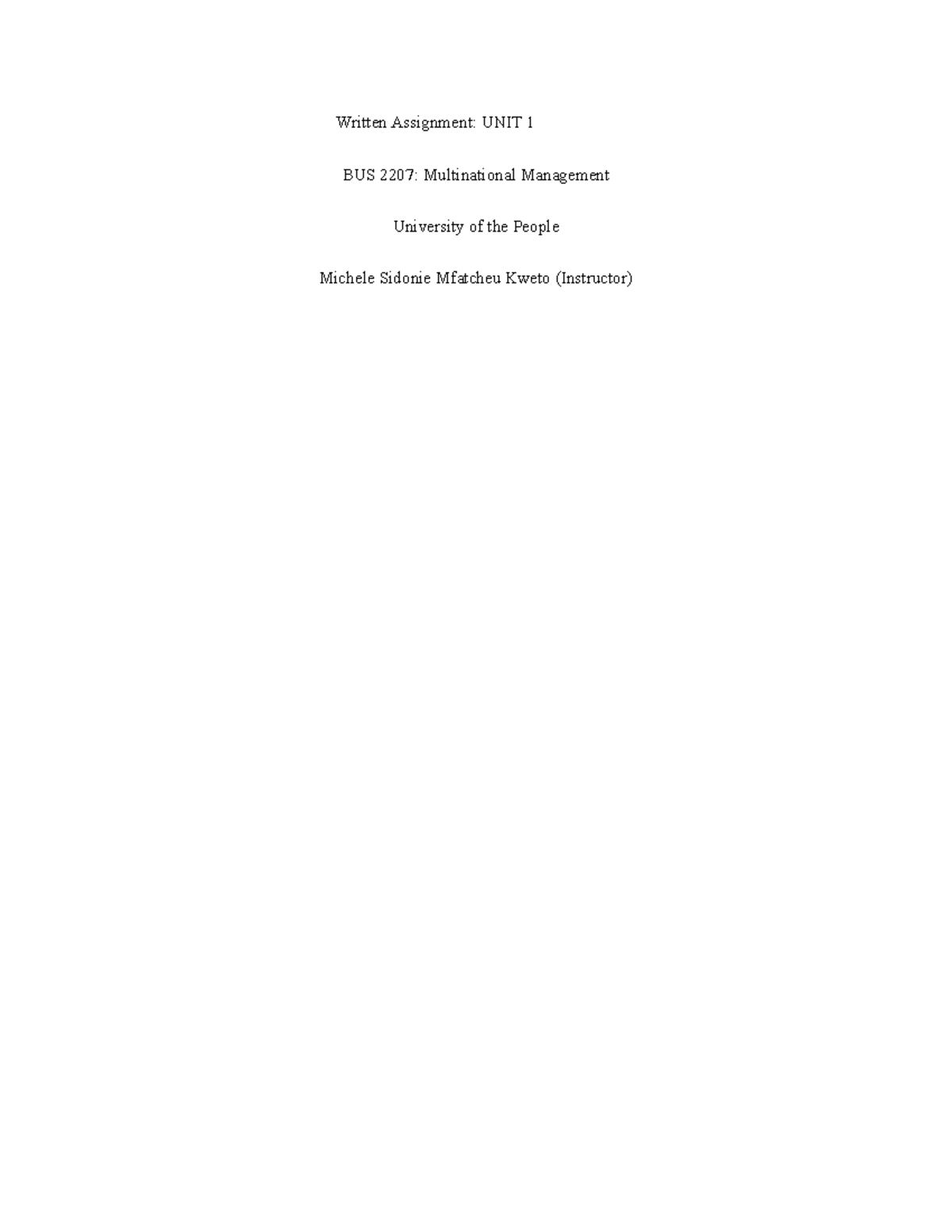 Written Assignment unit 1 multinational management - Written Assignment ...
