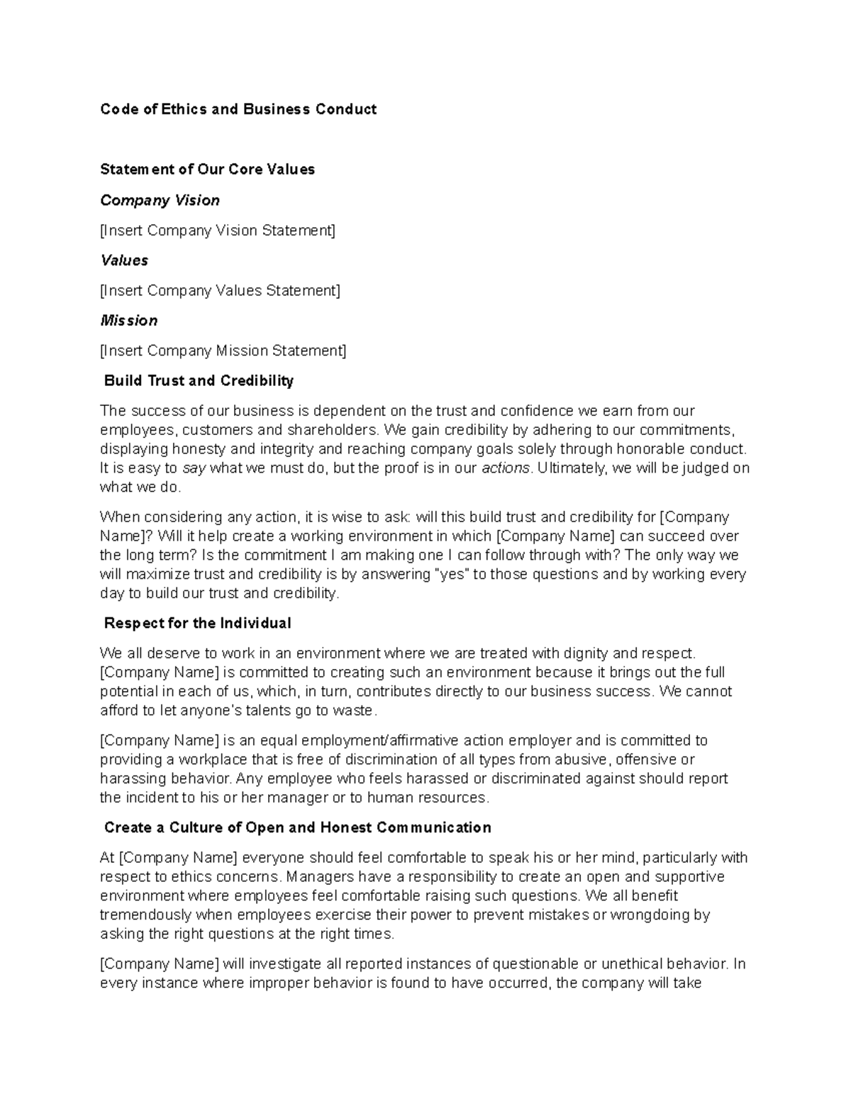 Code of Ethics and Business Conduct - Code of Ethics and Business ...