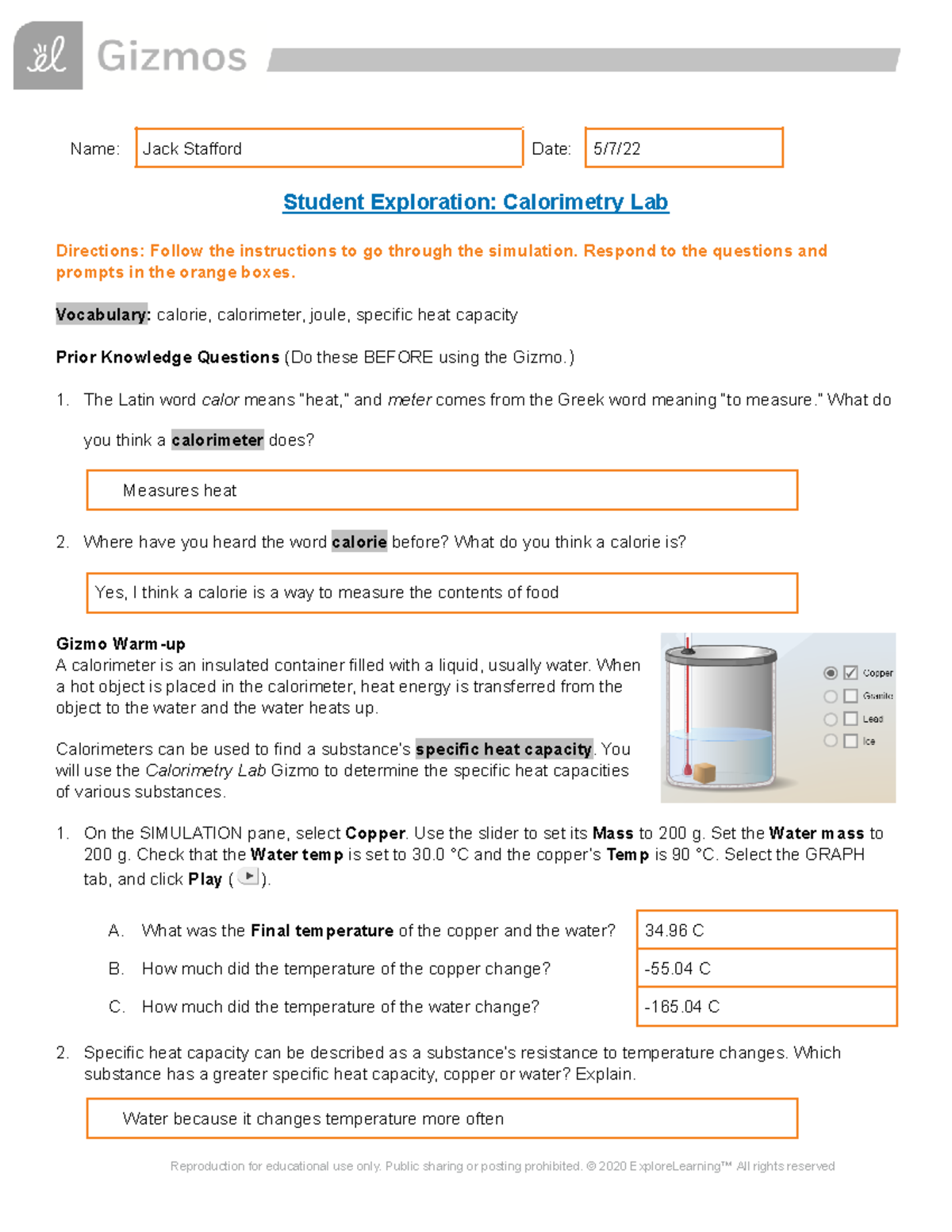 Copy of Unit 8 Lab 4 Chemistry Honors Calorimetry Lab SE - Name: Jack ...