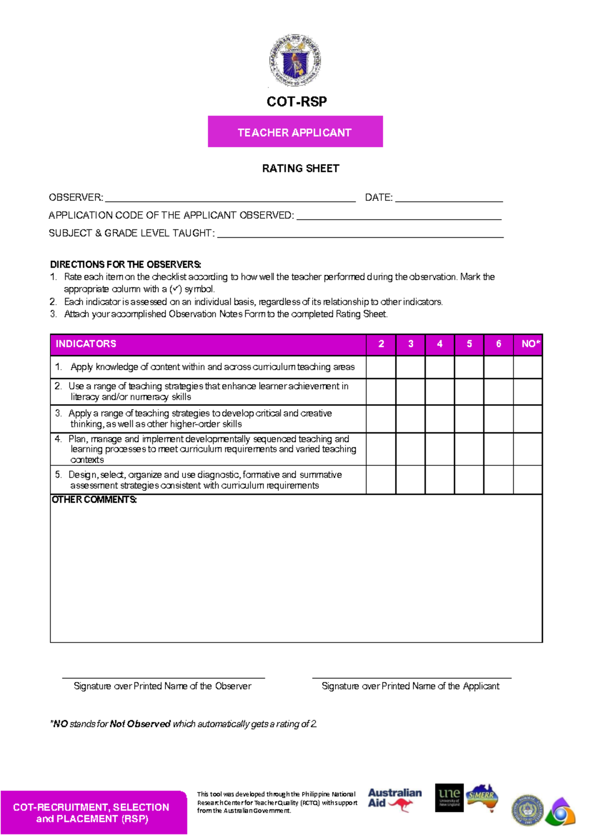 649504424 Annex L COT RSP Rating Sheet - COT-RECRUITMENT, SELECTION and PLACEMENT (RSP) TEACHER ...