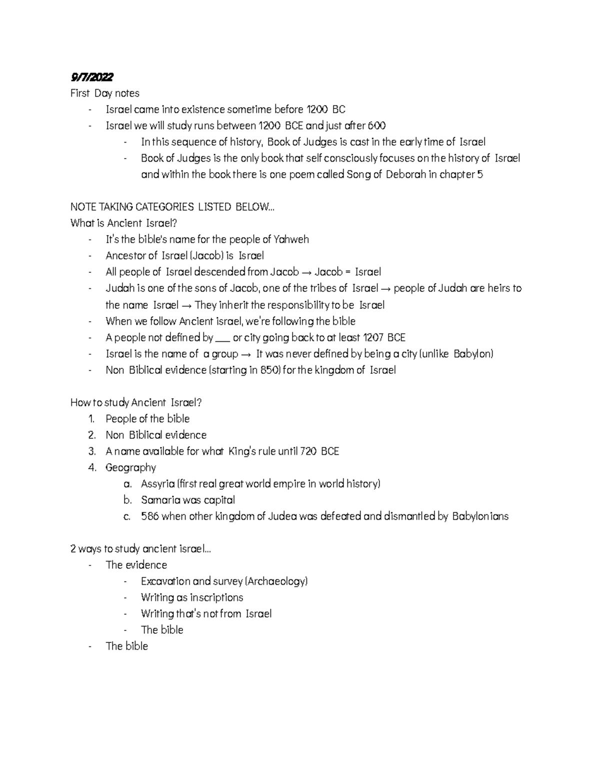 Ancient Israel notes - 9/7/ First Day notes - Israel came into ...