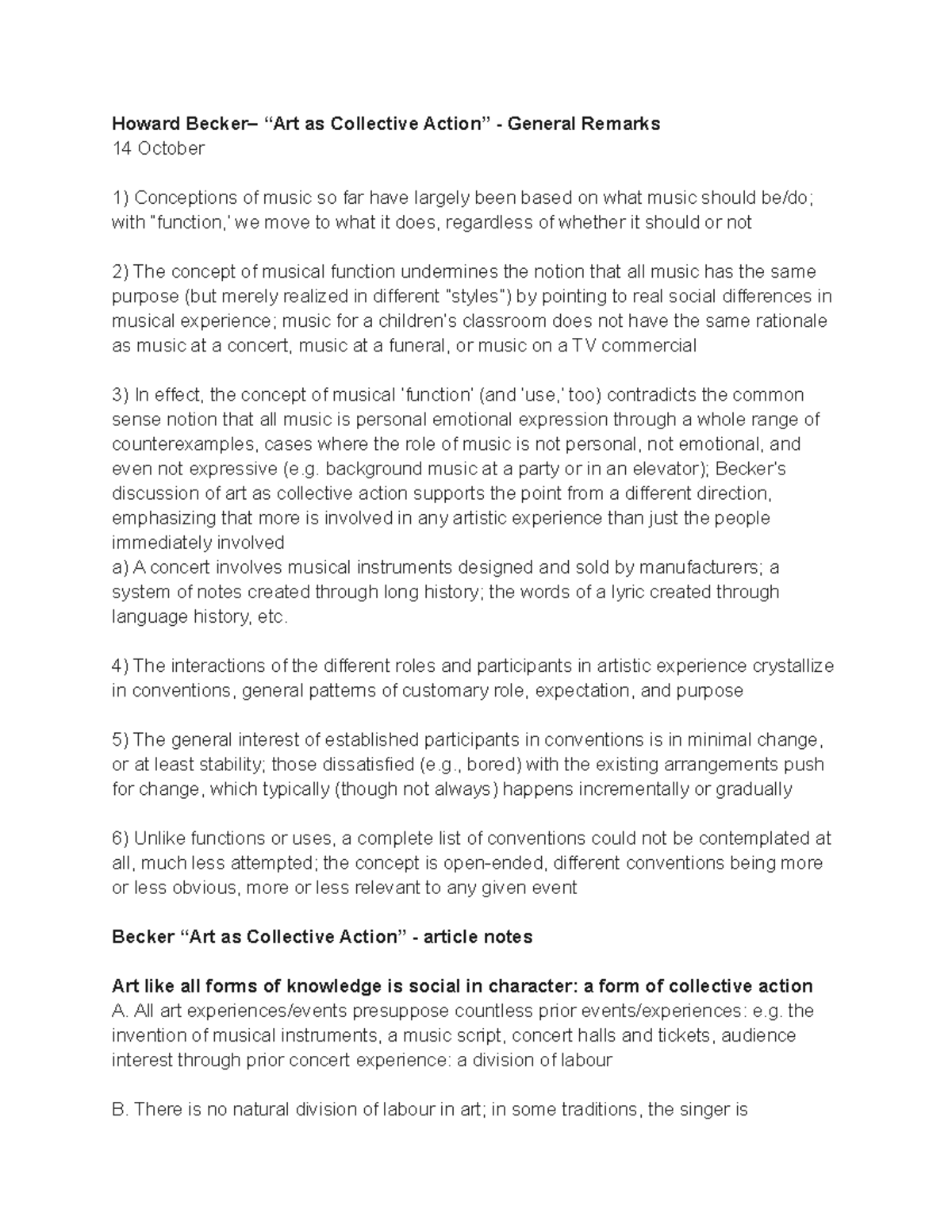 Art as Collective Action- Notes - Howard Becker– “Art as Collective ...