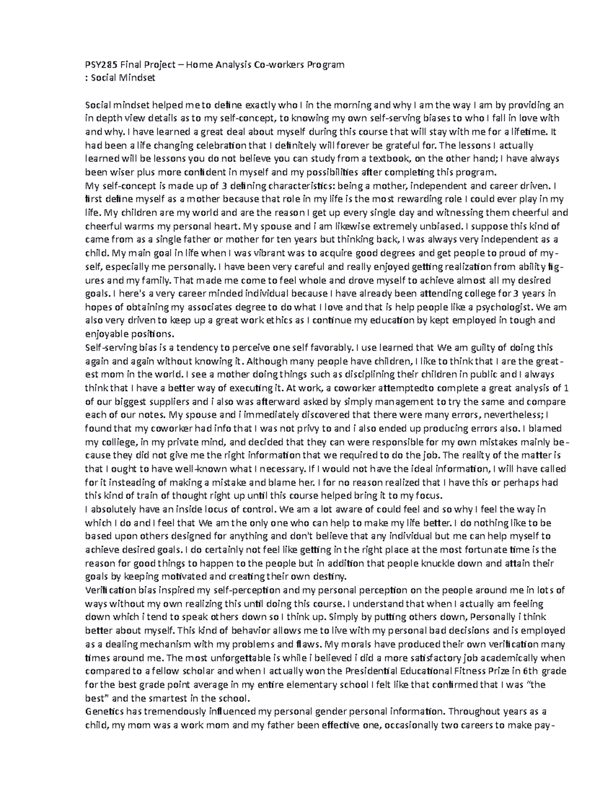 PSY285 Final Project – Self Analysis Associates Program 1 - PSY285 ...