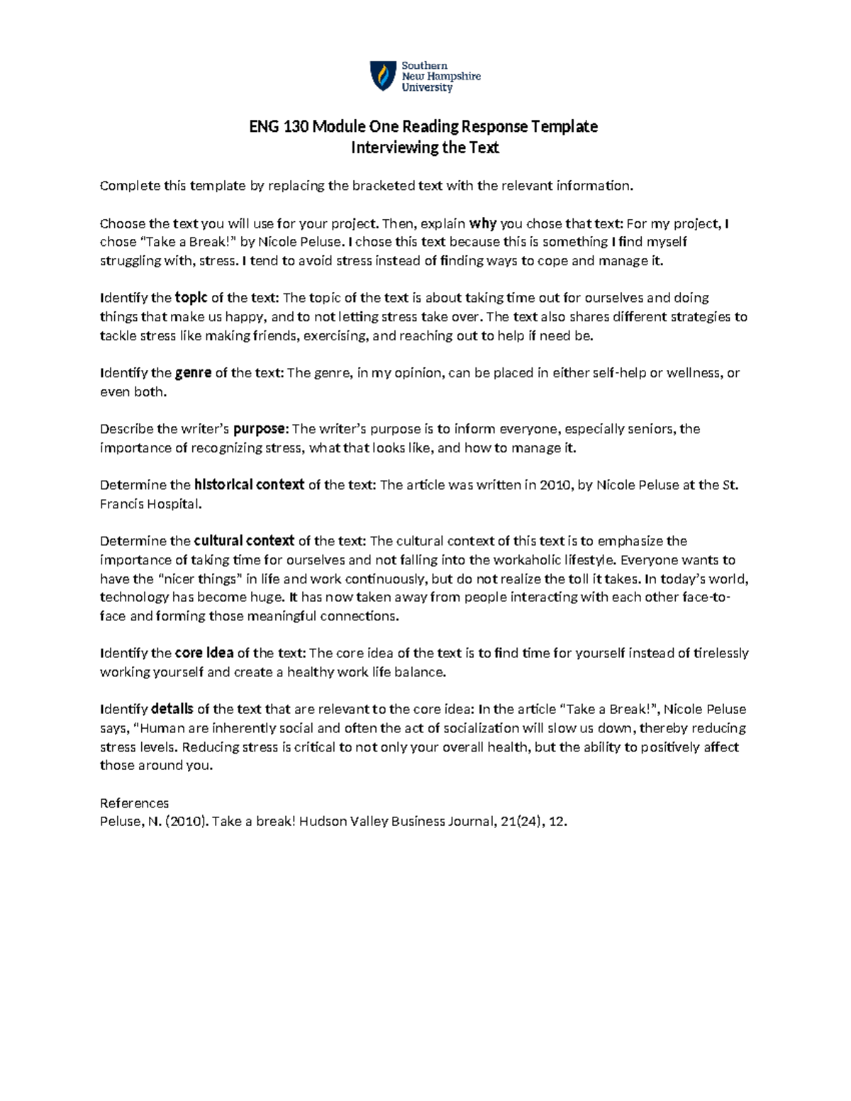 ENG 130 1-2 - Module coursework - ENG 130 Module One Reading Response Template Interviewing the ...