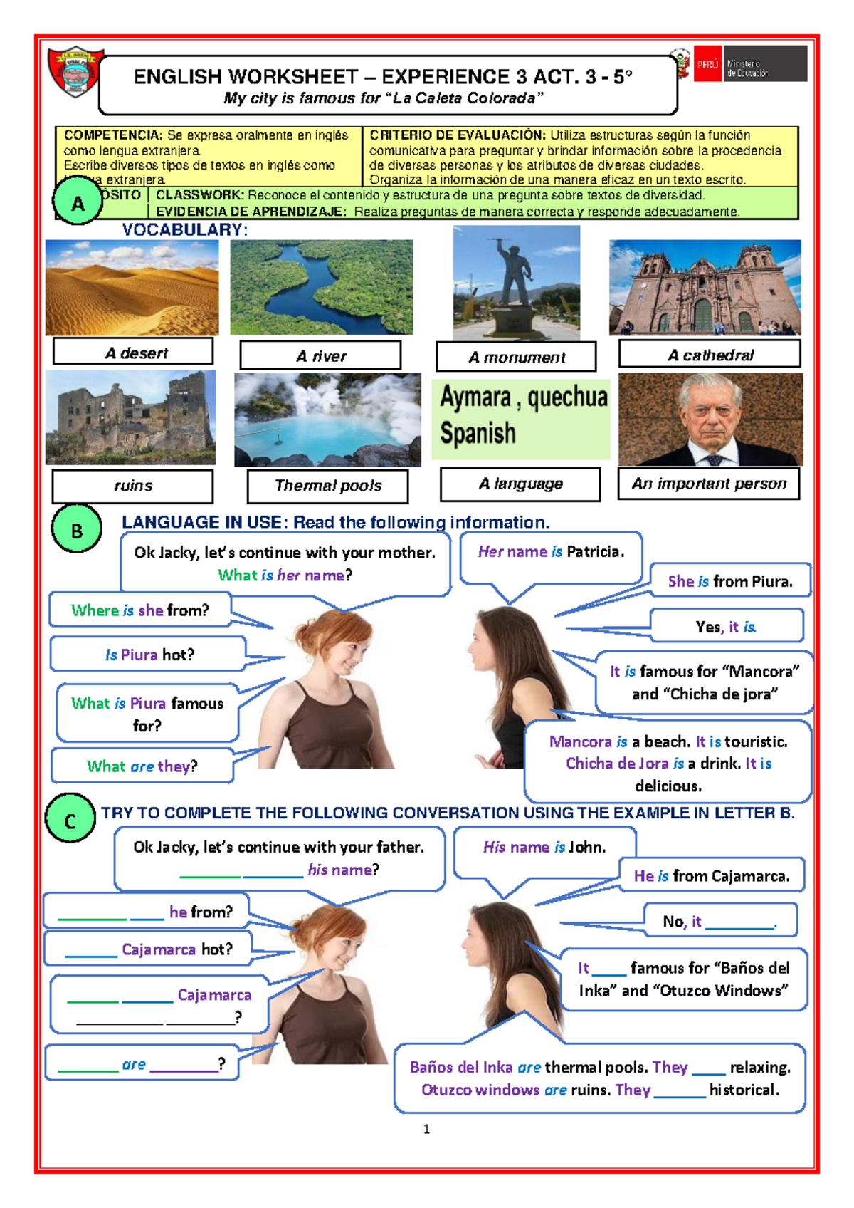 English Worksheet - 5° -EXP. 3 ACT. 3 - 1 VOCABULARY: LANGUAGE IN USE ...