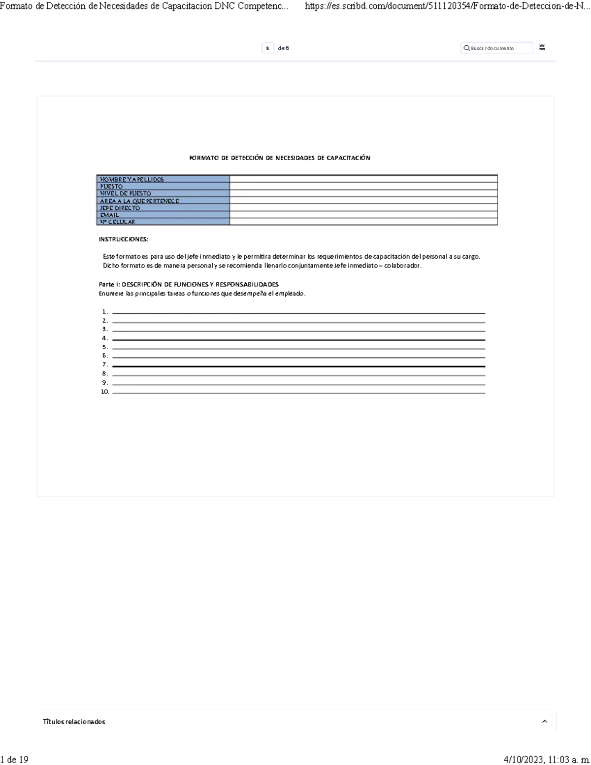 Formato de Detección de Necesidades de Capacitacion DNC Competencias PDF Toma de decisiones La ...