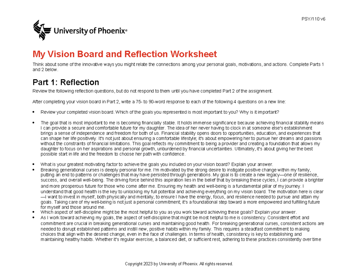 Psy110 v6 wk5 my vision board and reflection worksheet completed - PSY ...