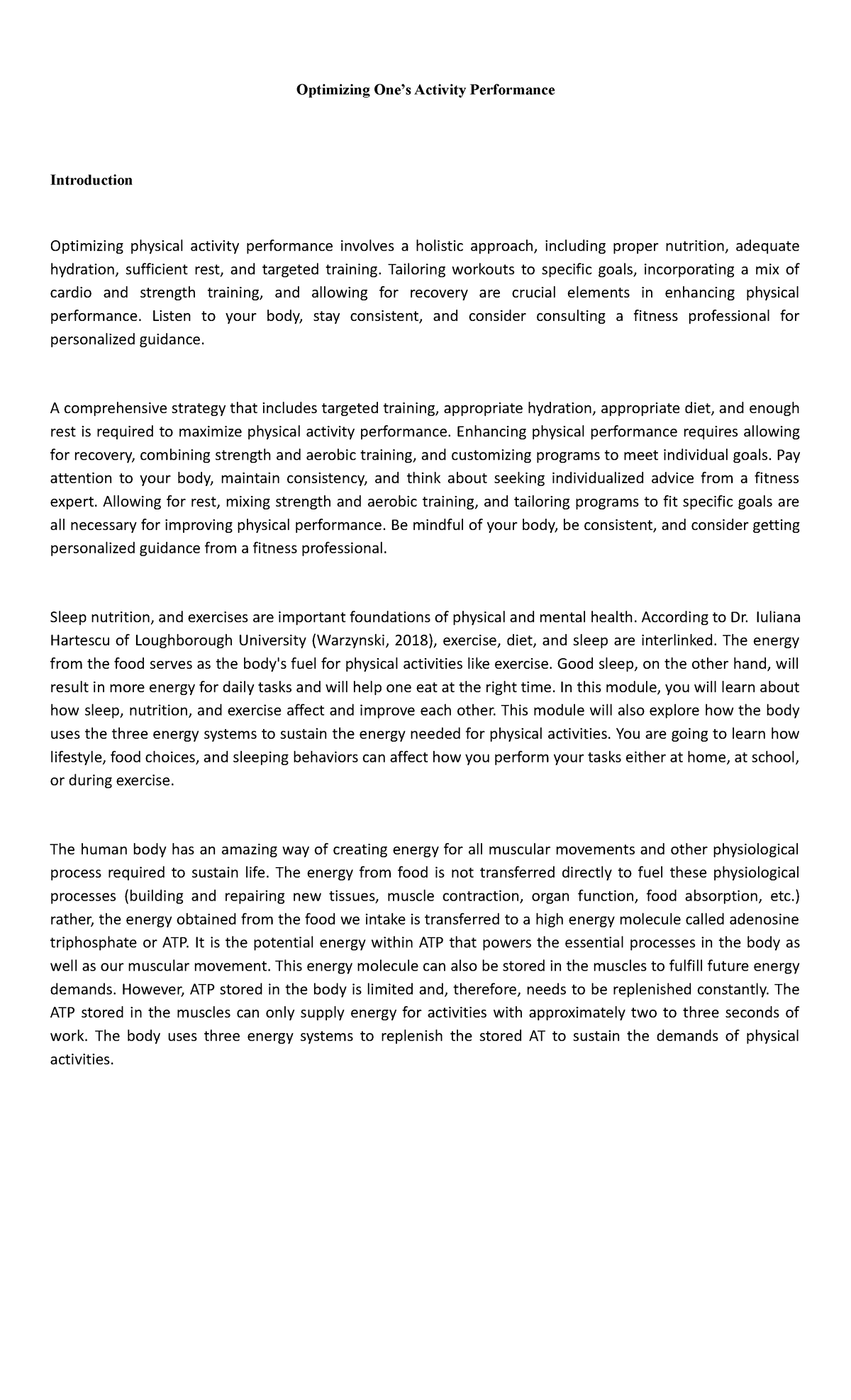 P.E-research - Optimizing One’s Activity Performance Introduction ...