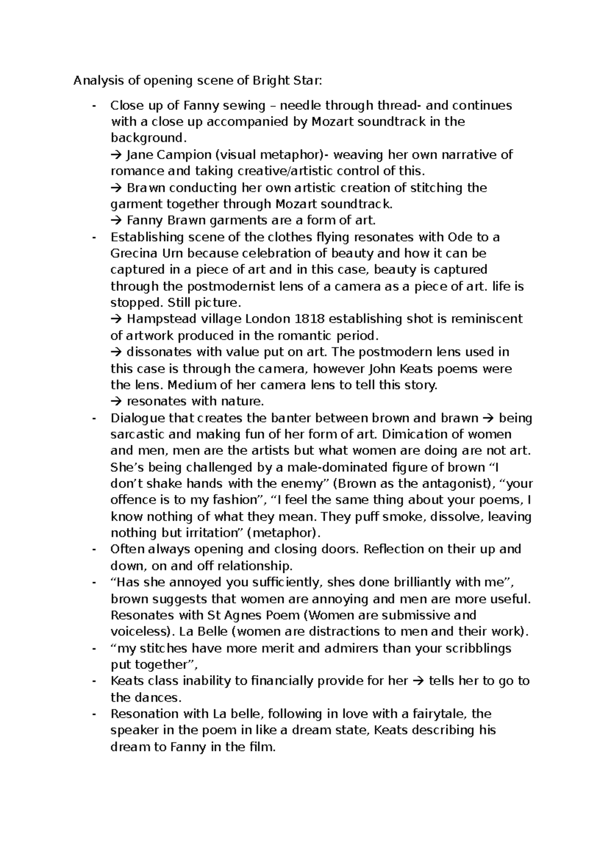 Analysis of Bright Star - Analysis of opening scene of Bright Star ...