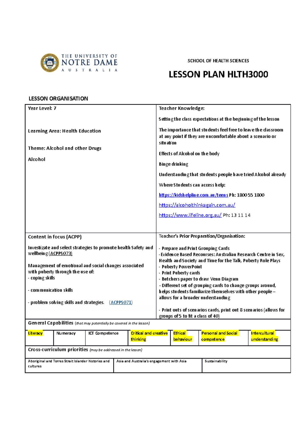 Alcohol Lesson Plan - SCHOOL OF HEALTH SCIENCES LESSON PLAN HLTH LESSON ...