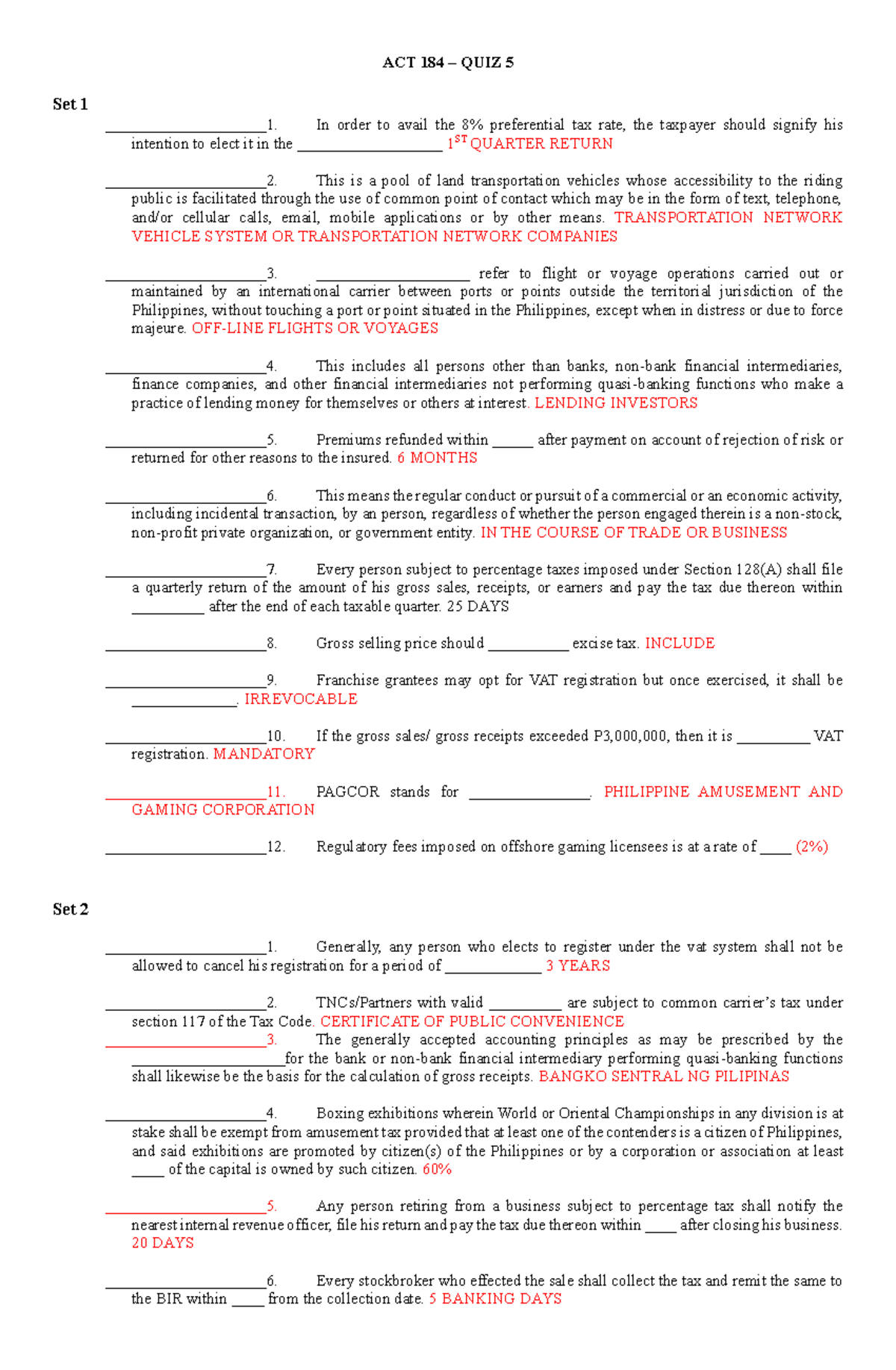 184 Q5 Answer Key Theory - ACT 184 – QUIZ 5 Set 1 ____________________1 ...