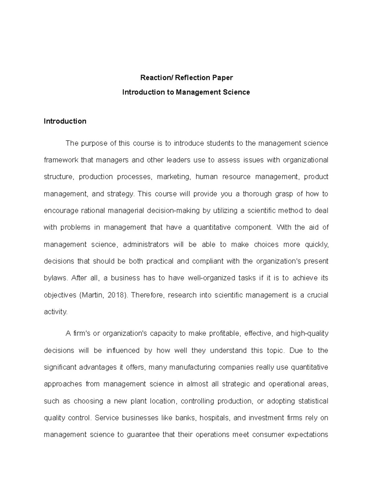 Reaction to management Science - Reaction/ Reflection Paper ...