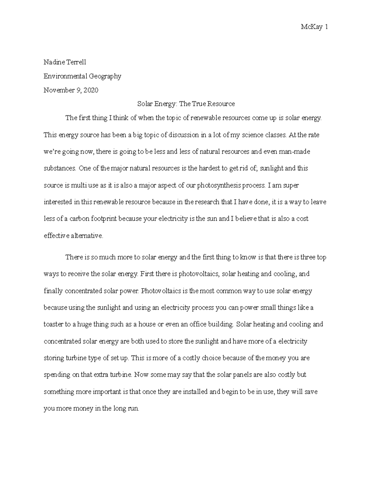 Renewable Resource Paper - McKay 1 Nadine Terrell Environmental ...