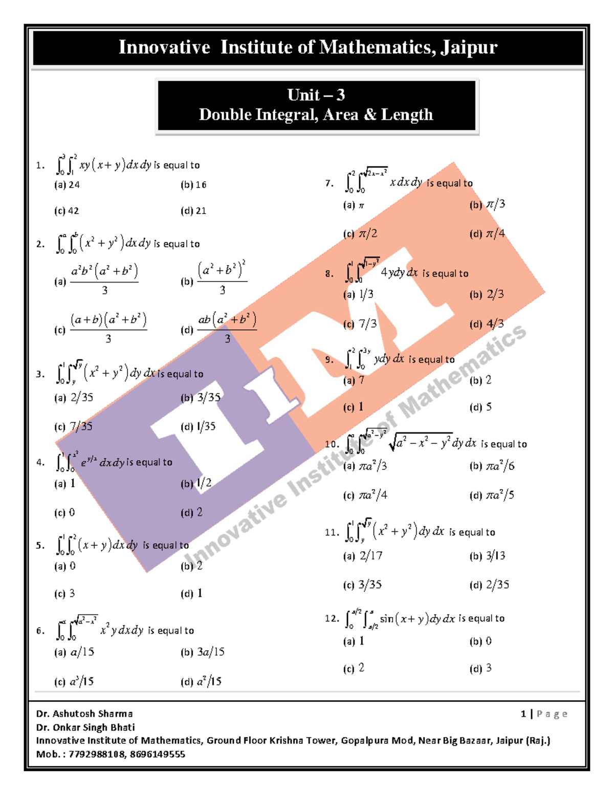Double integral area and length unit 3rd IIM - Dr. Ashutosh Sharma 1 ...