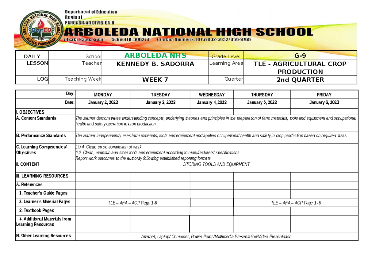 WEEK 7 DLL ACP 9 - Daily lesson log - DAILY School ARBOLEDA NHS Grade ...