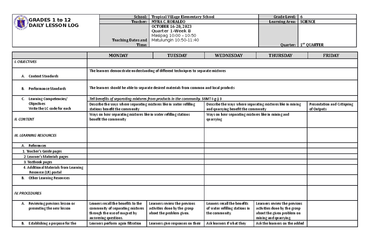 DLL- Science Q1 W8 - COURSE OUTLINE - GRADES 1 to 12 DAILY LESSON LOG ...