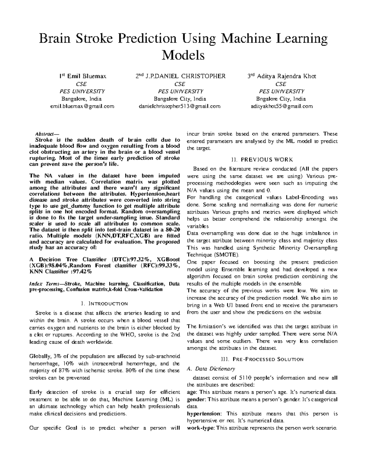 Doc - Brain Stroke Prediction Using Machine Learning Models 1 st Emil ...