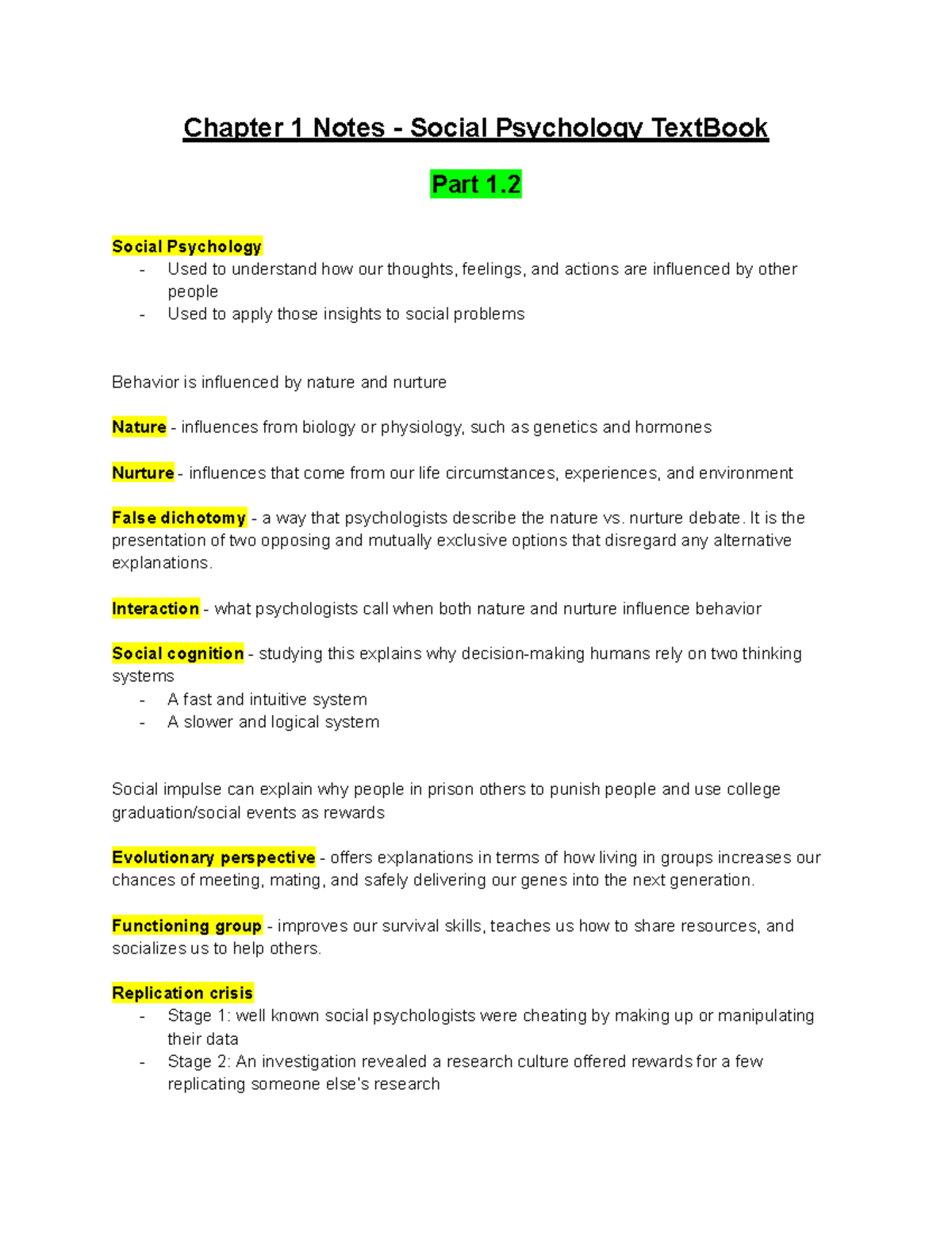 Chapter 1 1.2 1.3 Notes - Social Psychology Text Book - Chapter 1 Notes ...