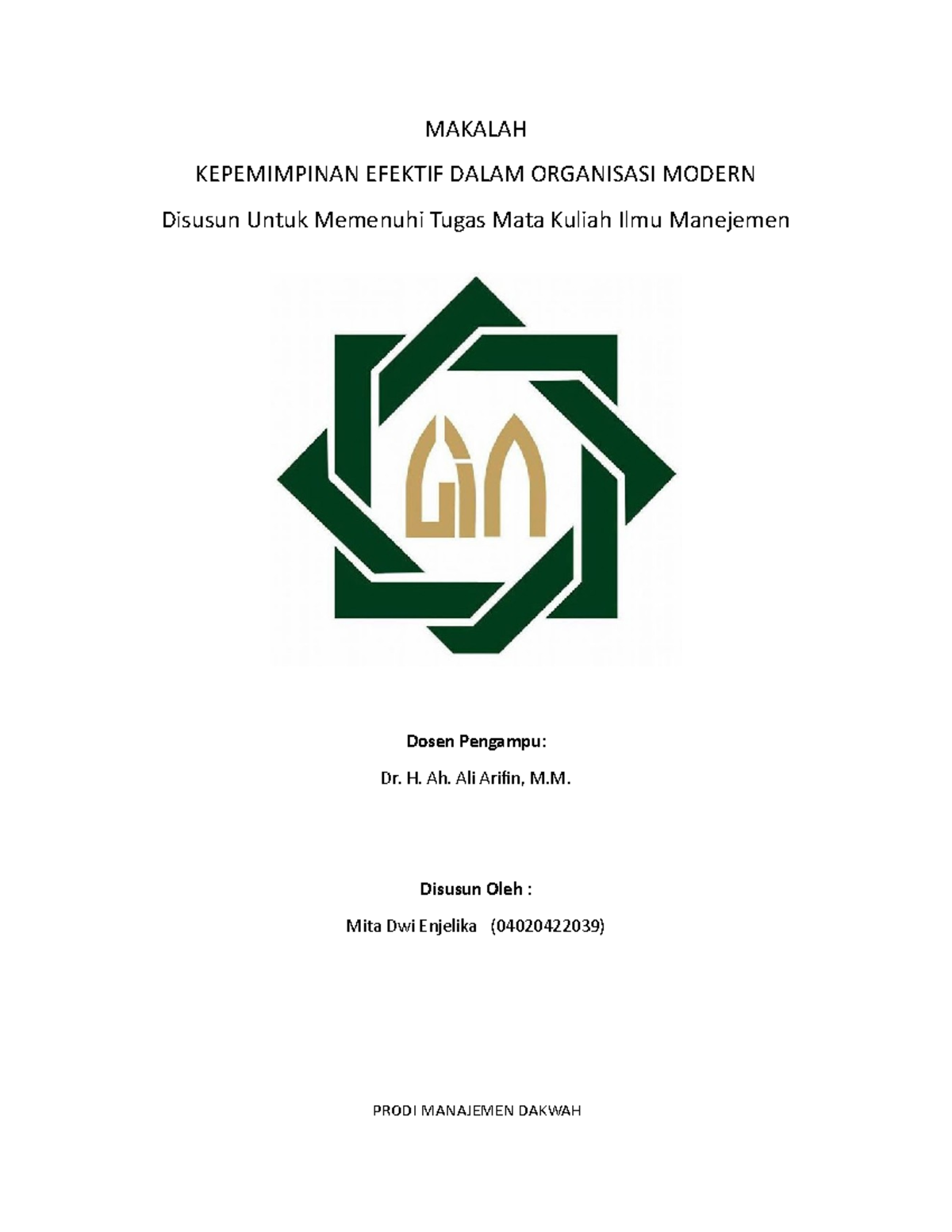 Ilmu Manajemen - Desen Pembimbing Bapak Dr. H. Ah. Ali Arifin, M.M ...