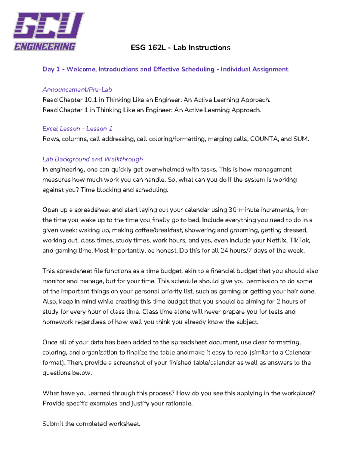 ESG 162L - Lab Instructions - Day 1 - Read Chapter 1 in Thinking Like ...