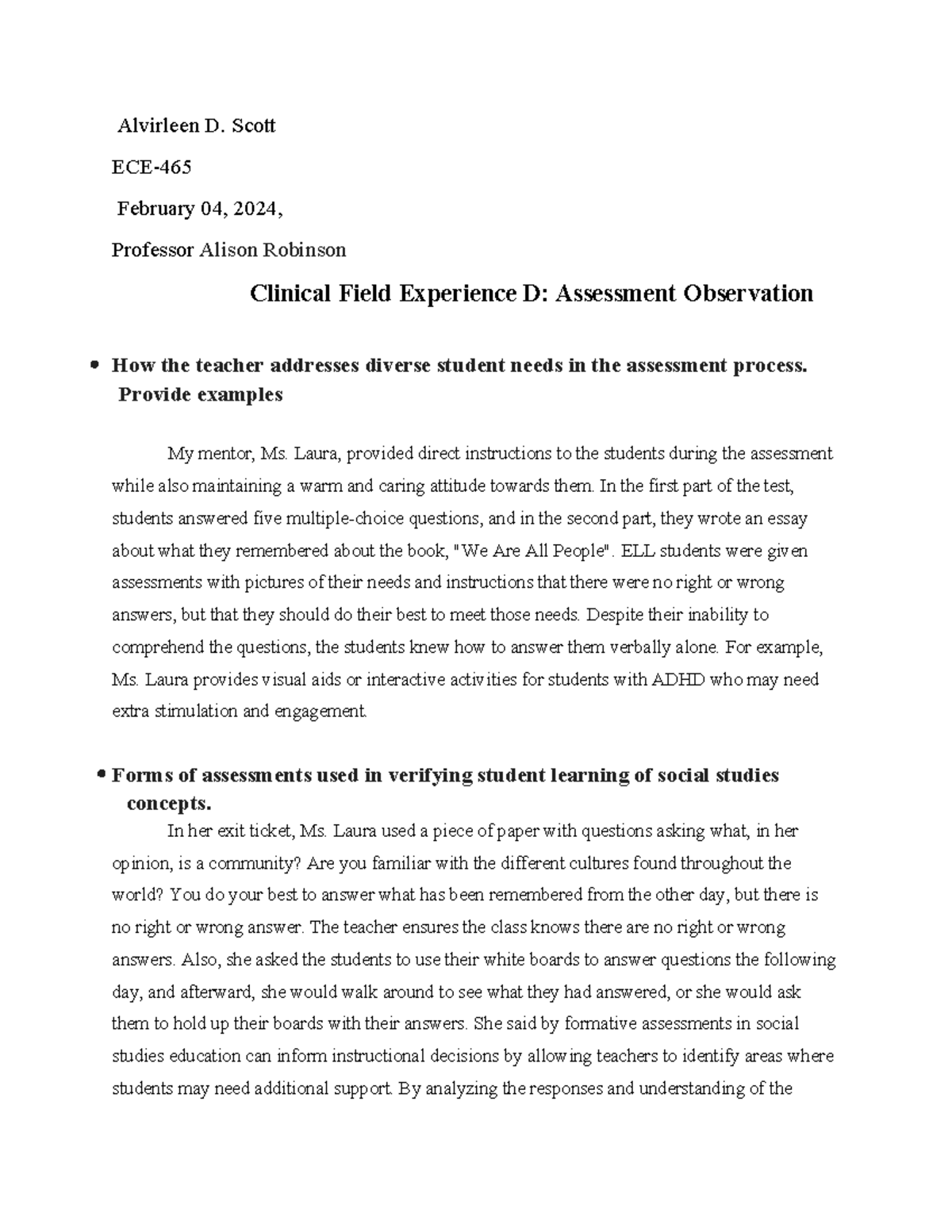 Clinical Field Experience D Assessment Observation - Alvirleen D. Scott ...