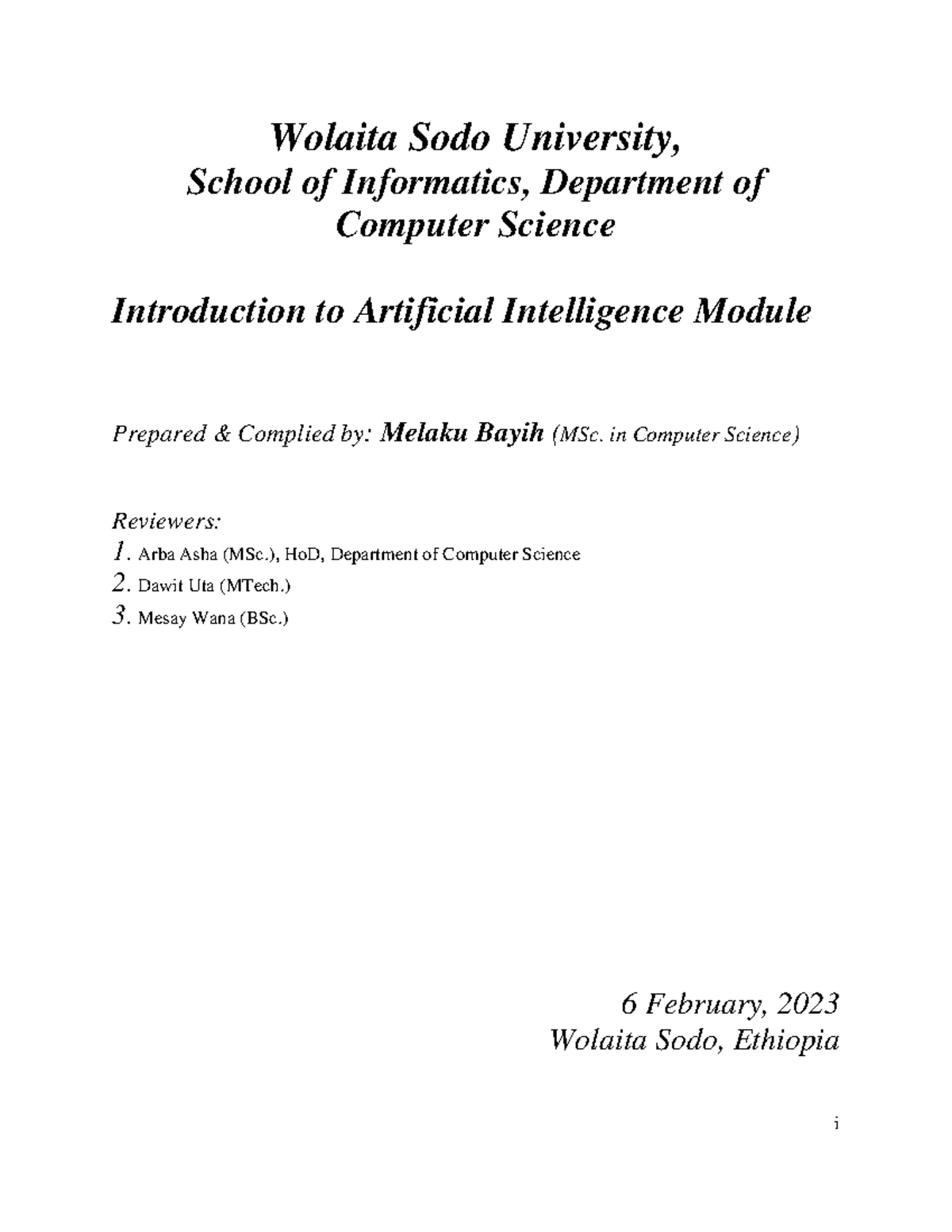 Artificial Intelligence - in Computer Science) Reviewers: 1. Arba Asha ...