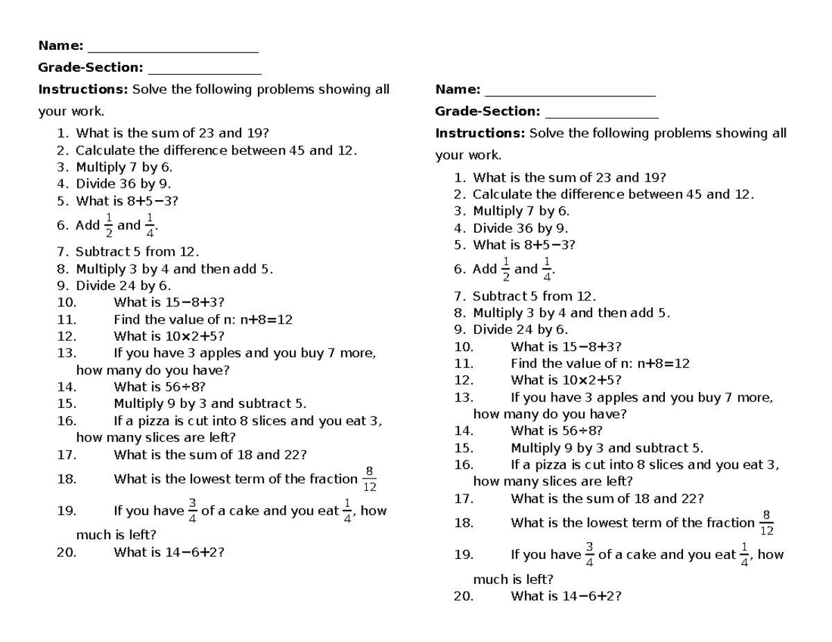 G7 Diagnostic - Skill Test - Name: ___________________________ Grade ...