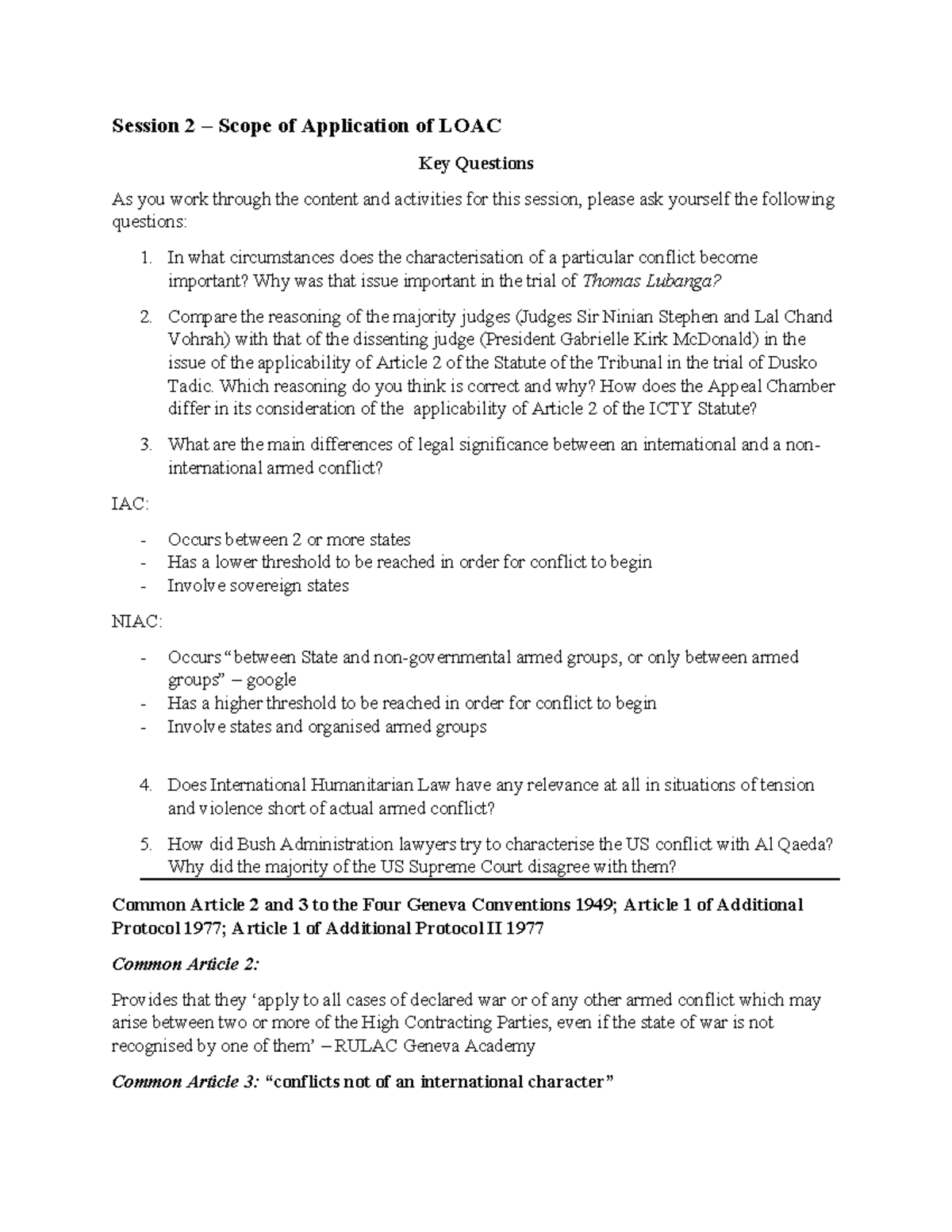 Session 2 - Session 2 – Scope of Application of LOAC Key Questions As ...