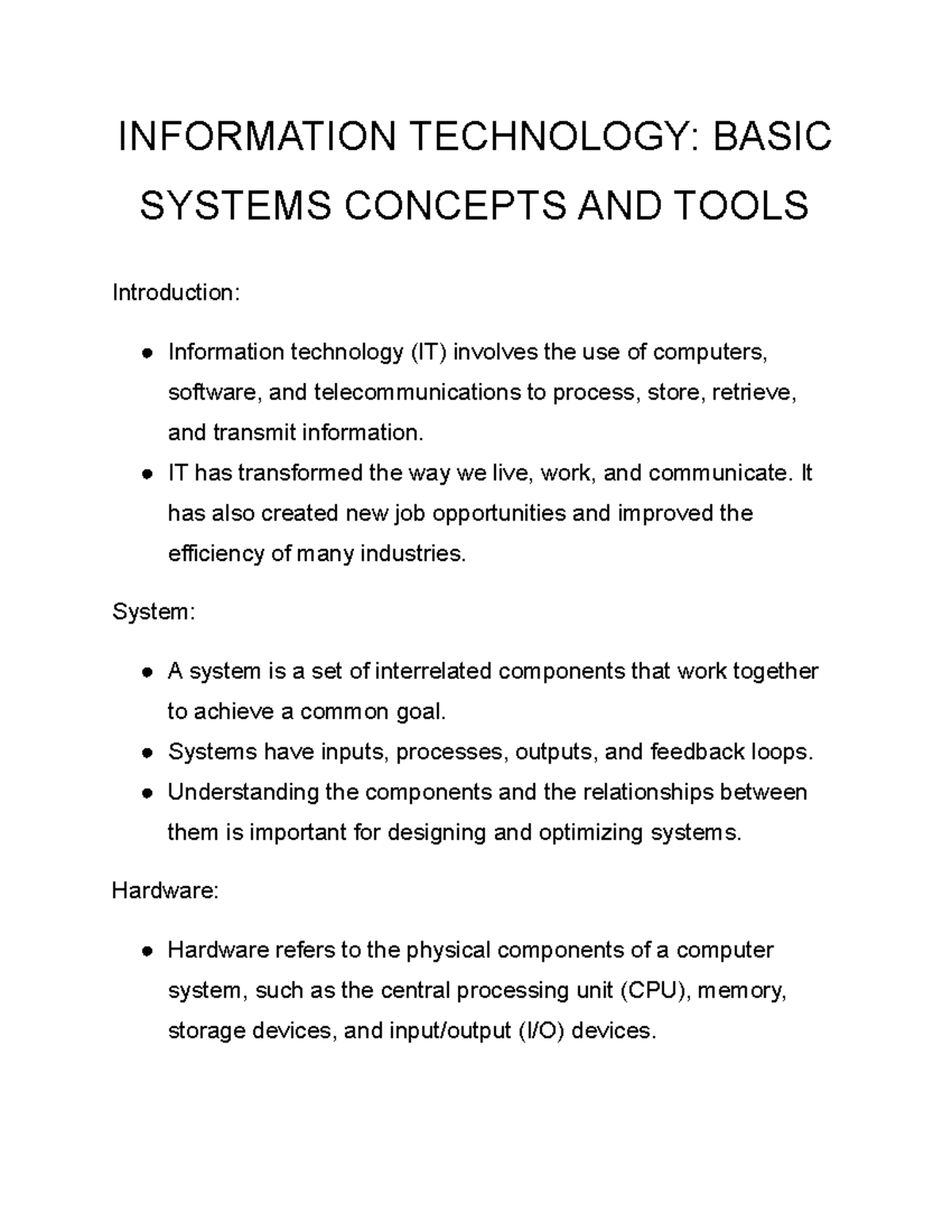 Information Technology Basic Systems Concepts AND Tools - INFORMATION ...