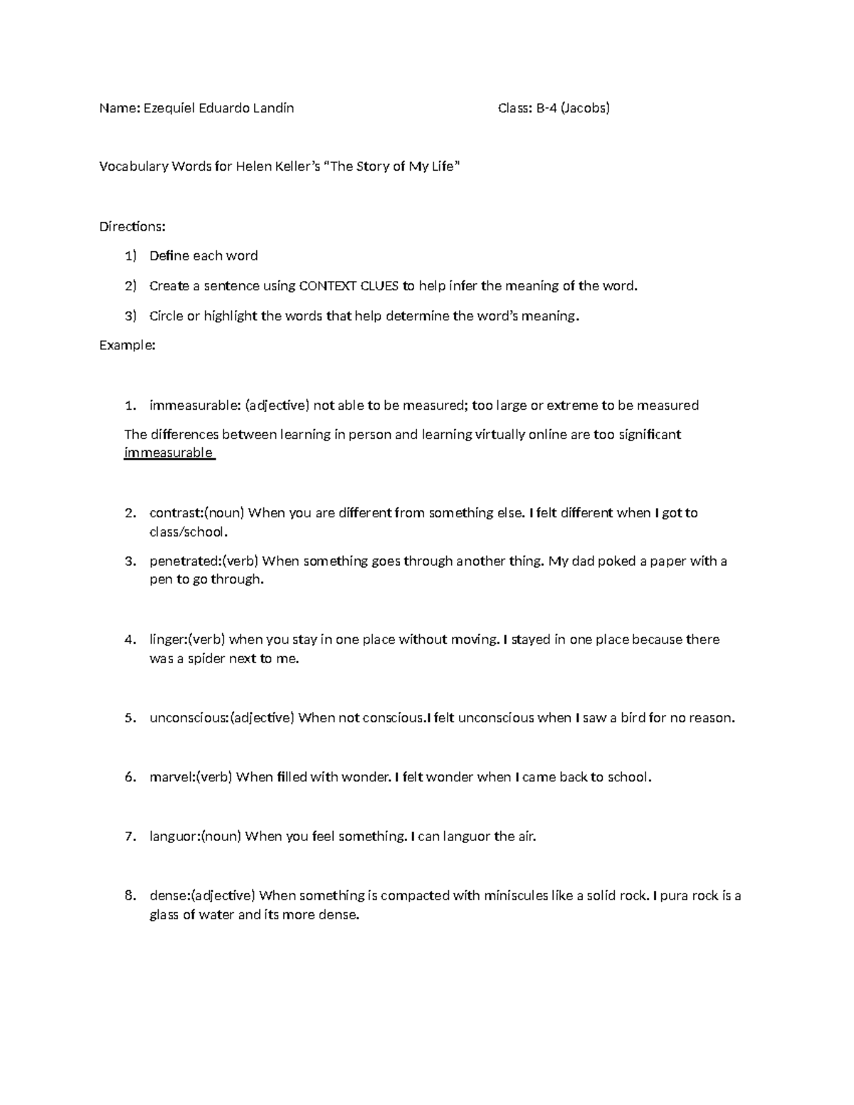 Vocabulary for The Story of My Life Helen Keller - Name: Ezequiel ...