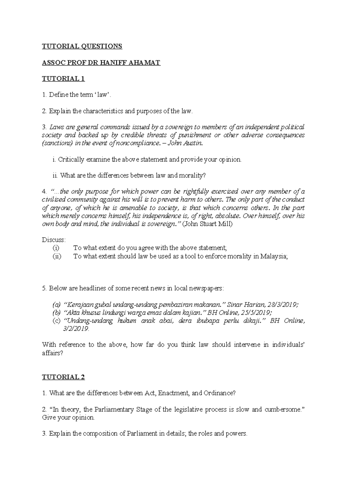 Tutorial Questions - TUTORIAL QUESTIONS ASSOC PROF DR HANIFF AHAMAT ...