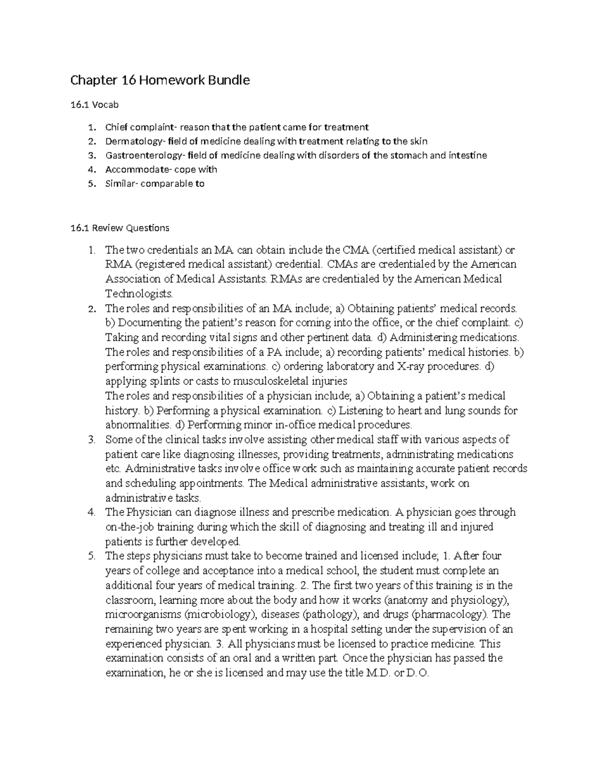Chap 16 hw bundle - For Allied Health 3 Medical Program homework. - Chapter 16 Homework Bundle ...