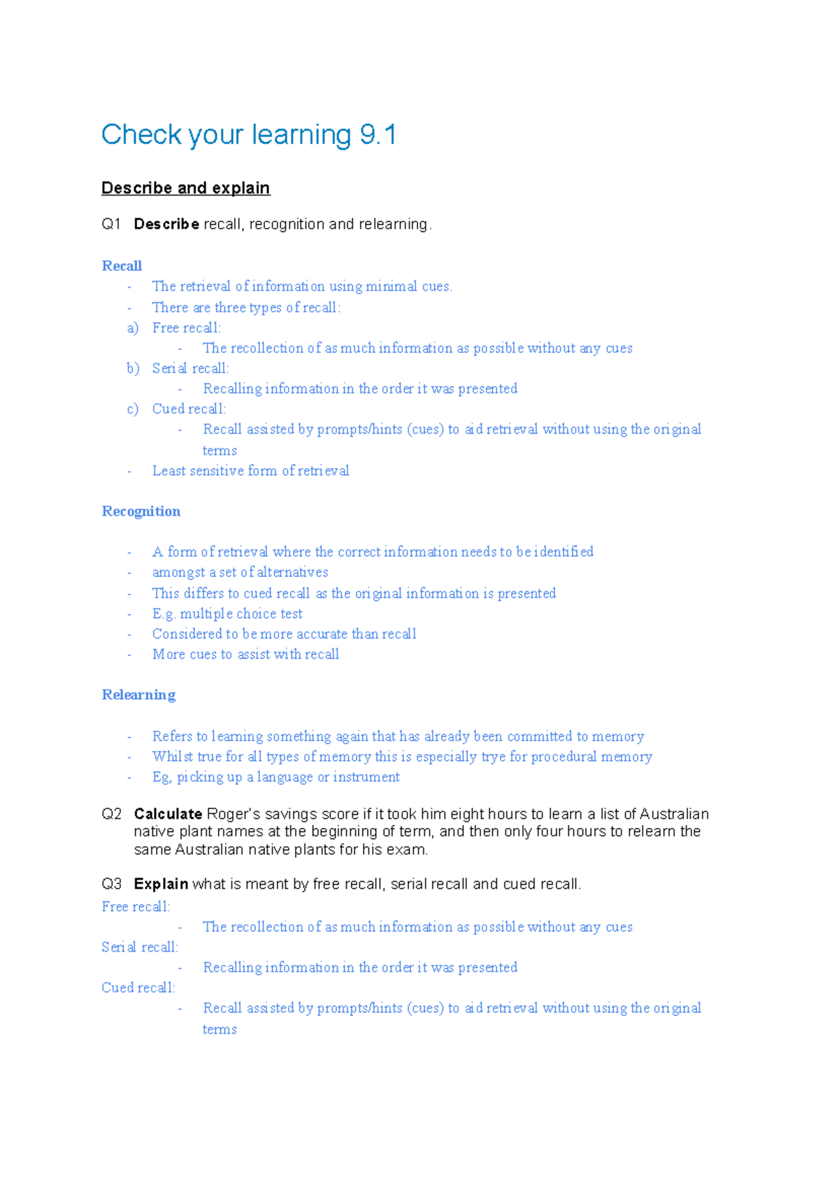 Recall, recognition and relearning - Check your learning 9 - Check your ...